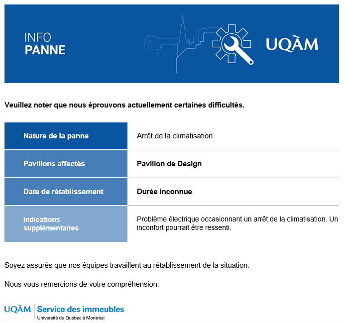Info-panne au pavillon de Design | Service des immeubles | UQAM